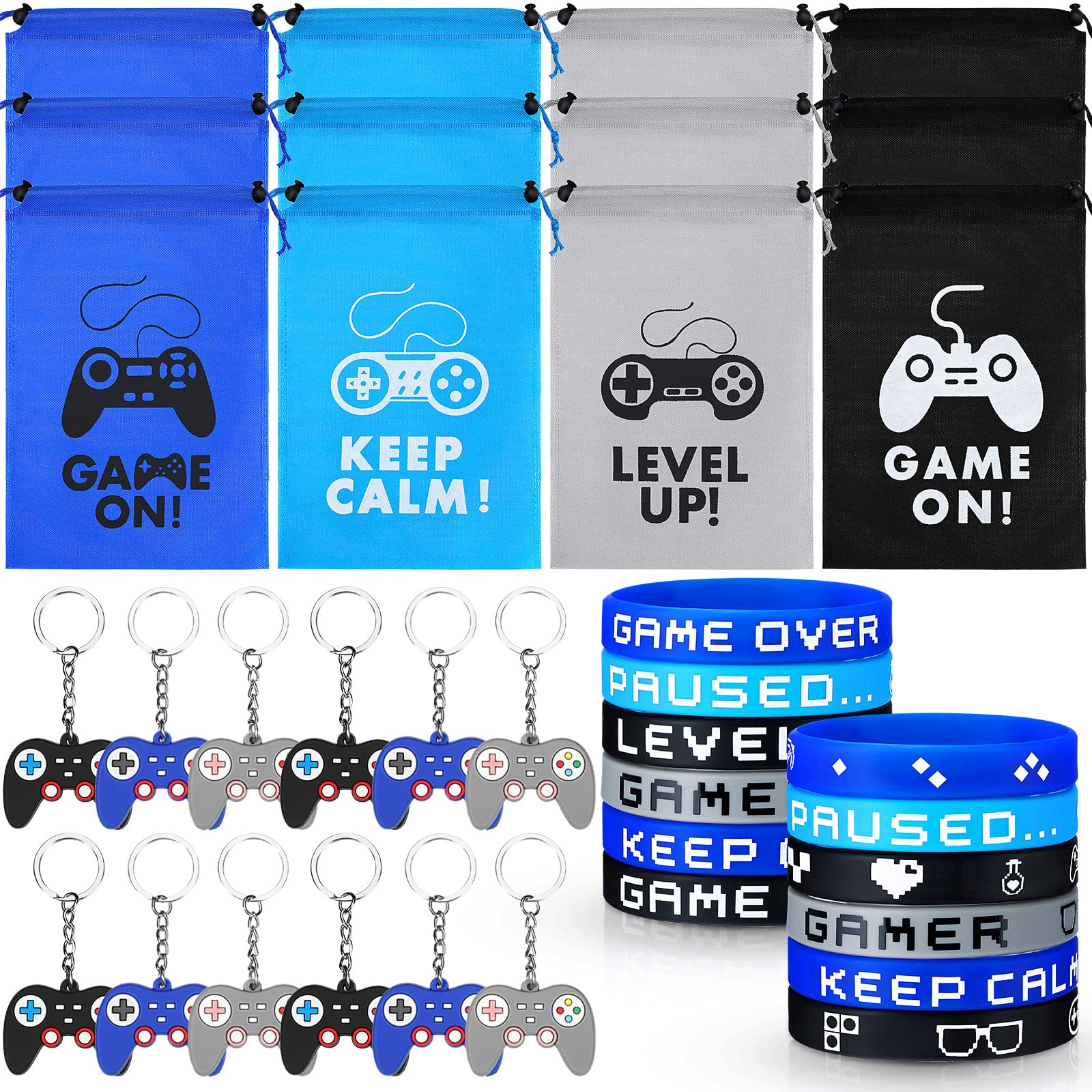 Jexine 36 Pcs Video Game Party Favors Include 12 Gamer Drawstring Bags 12 Gamer Bracelets Wristbands and 12 Video Game Controller Keychain Decorations for Video Game Birthday Party Supplies