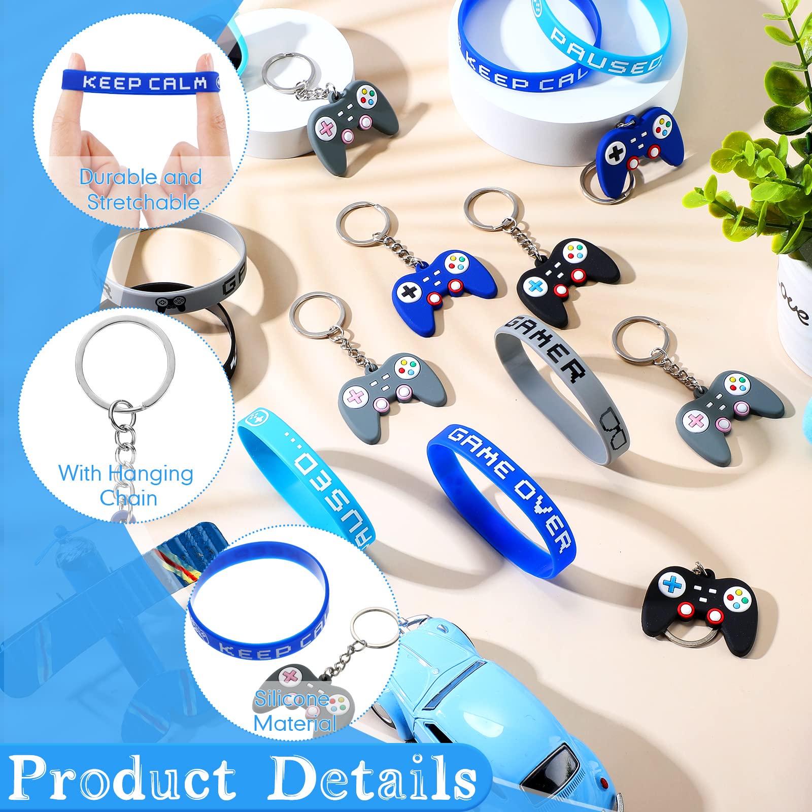 Jexine 36 Pcs Video Game Party Favors Include 12 Gamer Drawstring Bags 12 Gamer Bracelets Wristbands and 12 Video Game Controller Keychain Decorations for Video Game Birthday Party Supplies