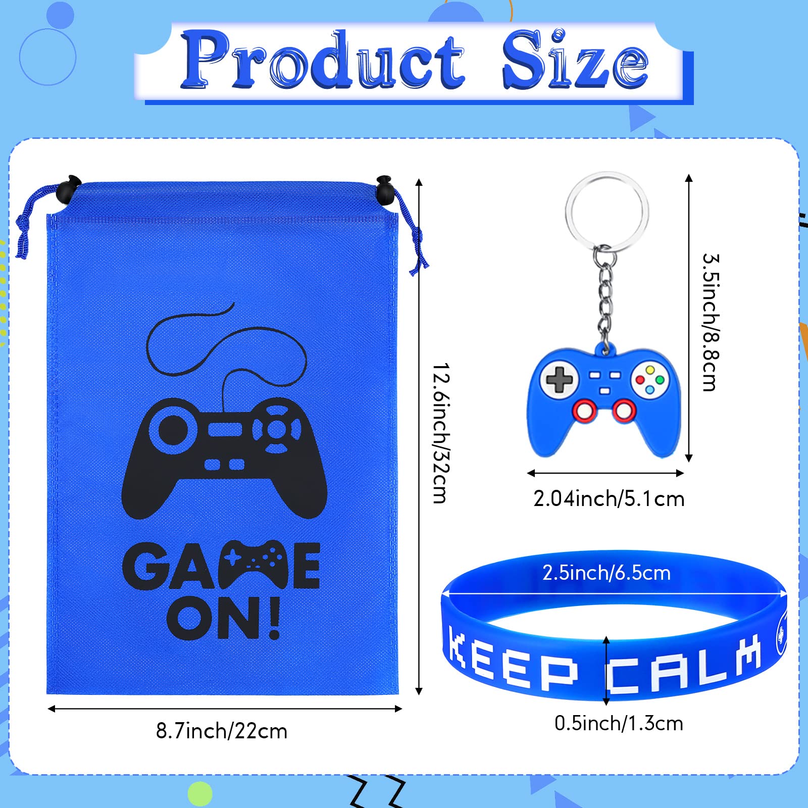 Jexine 36 Pcs Video Game Party Favors Include 12 Gamer Drawstring Bags 12 Gamer Bracelets Wristbands and 12 Video Game Controller Keychain Decorations for Video Game Birthday Party Supplies