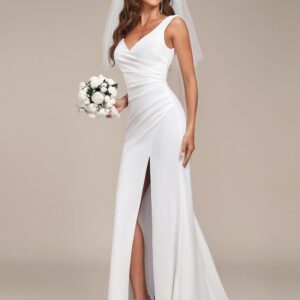 Ever-Pretty Women's Plus Size Open Back V Neck Side Slit Curvy Floor-Length Wedding Dresses White US20