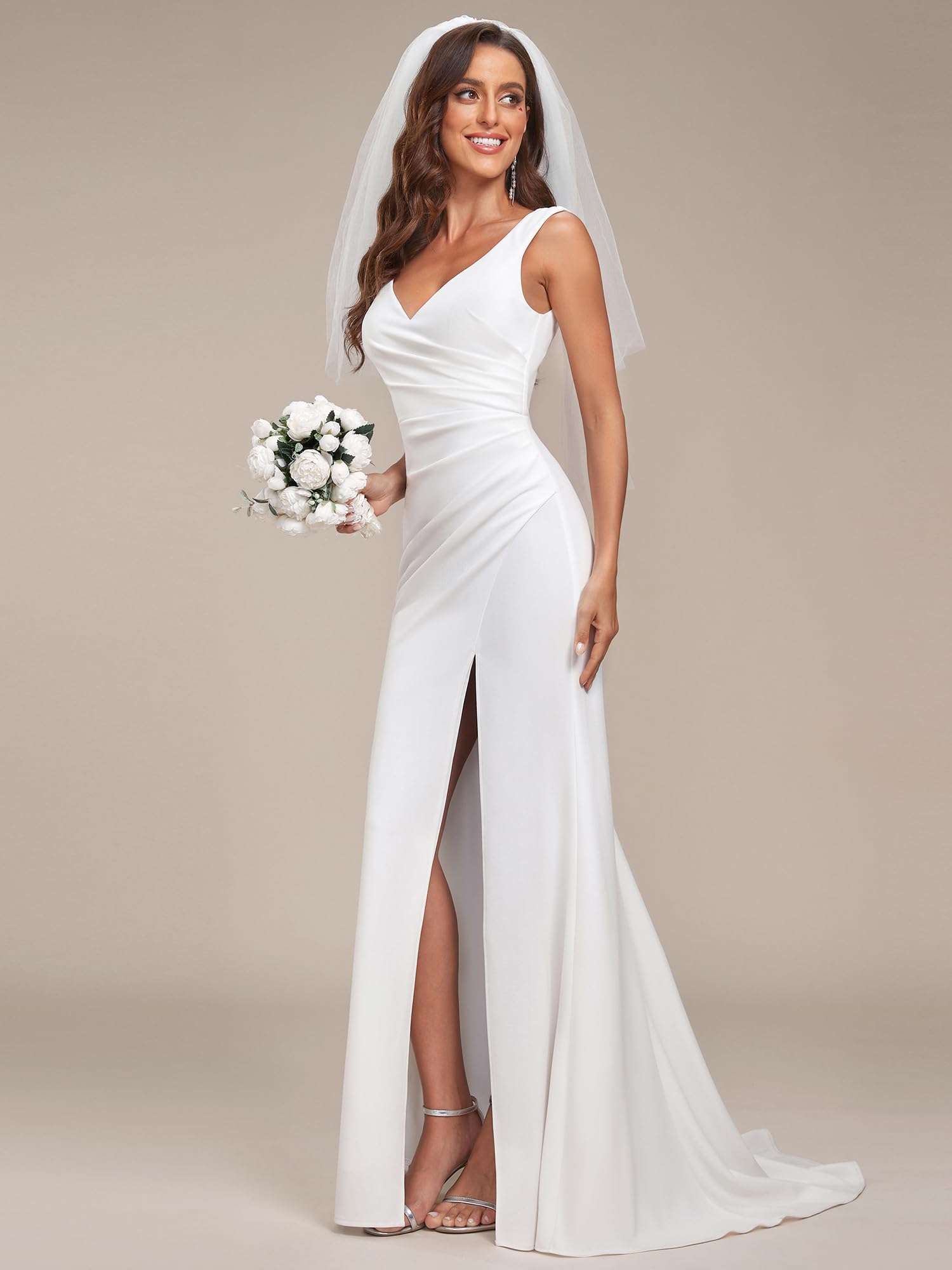 Ever-Pretty Women's Plus Size Open Back V Neck Side Slit Curvy Floor-Length Wedding Dresses White US20