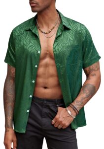 coofandy mens shirt summer beach dress for wedding satin button down, 02 deep green, xx-large, short sleeve