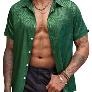 COOFANDY Mens Shirt Summer Beach Dress for Wedding Satin Button Down, 02 Deep Green, XX-Large, Short Sleeve