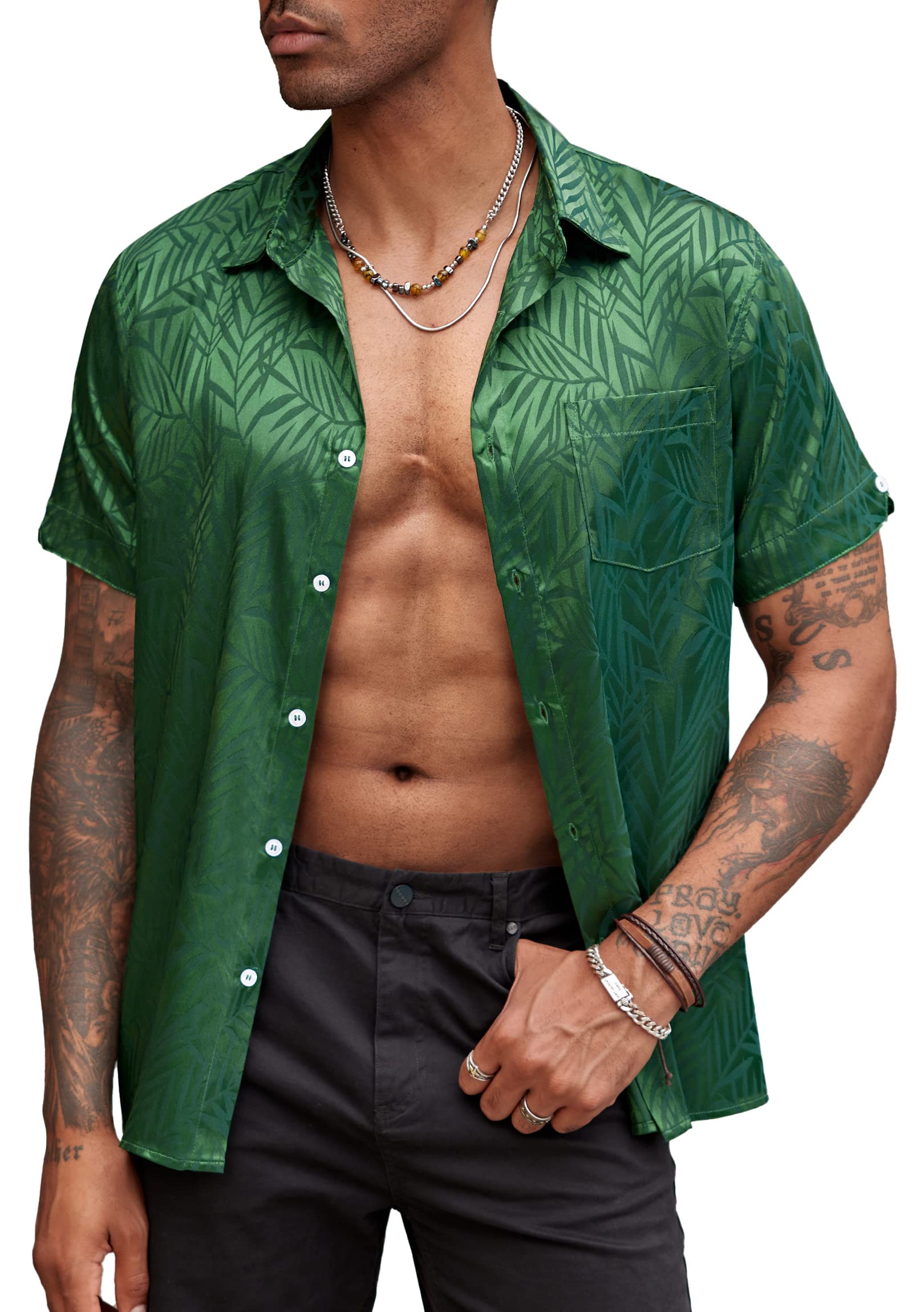 COOFANDY Mens Shirt Summer Beach Dress for Wedding Satin Button Down, 02 Deep Green, XX-Large, Short Sleeve