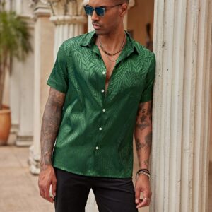 COOFANDY Mens Shirt Summer Beach Dress for Wedding Satin Button Down, 02 Deep Green, XX-Large, Short Sleeve