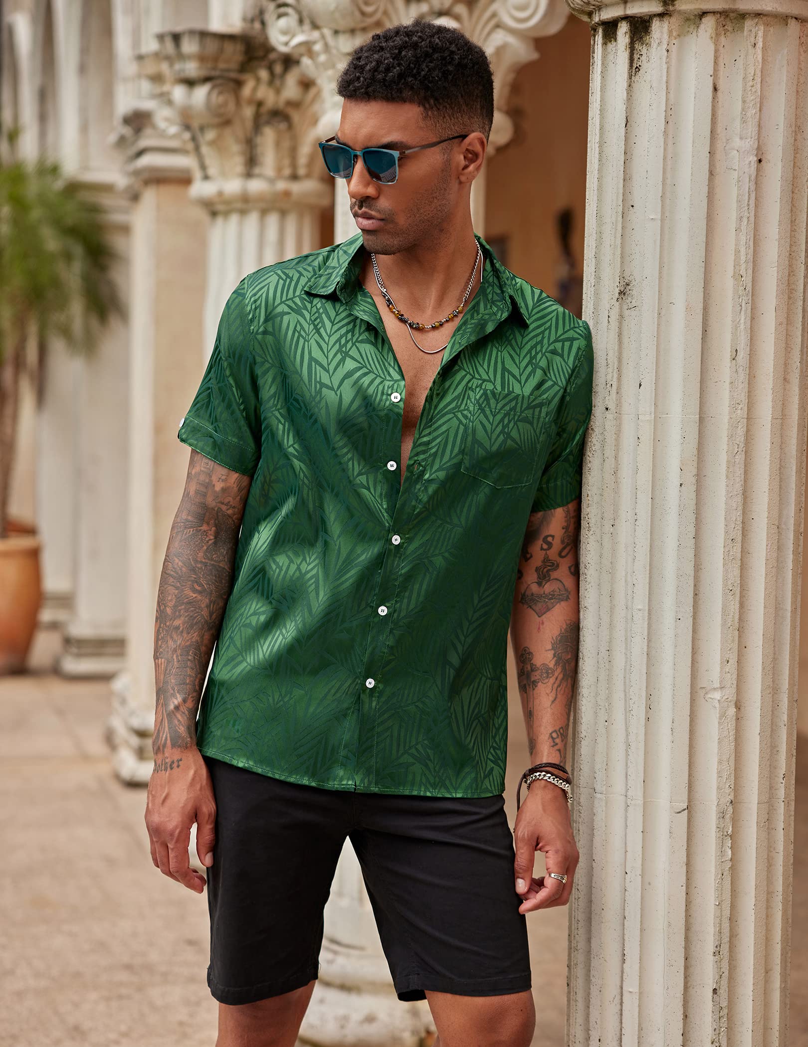 COOFANDY Mens Shirt Summer Beach Dress for Wedding Satin Button Down, 02 Deep Green, XX-Large, Short Sleeve