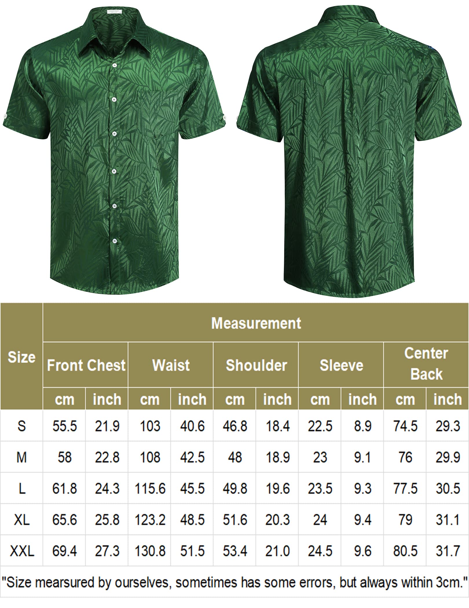 COOFANDY Mens Shirt Summer Beach Dress for Wedding Satin Button Down, 02 Deep Green, XX-Large, Short Sleeve