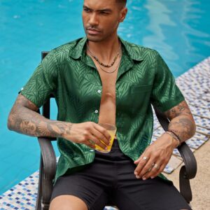 COOFANDY Mens Shirt Summer Beach Dress for Wedding Satin Button Down, 02 Deep Green, XX-Large, Short Sleeve