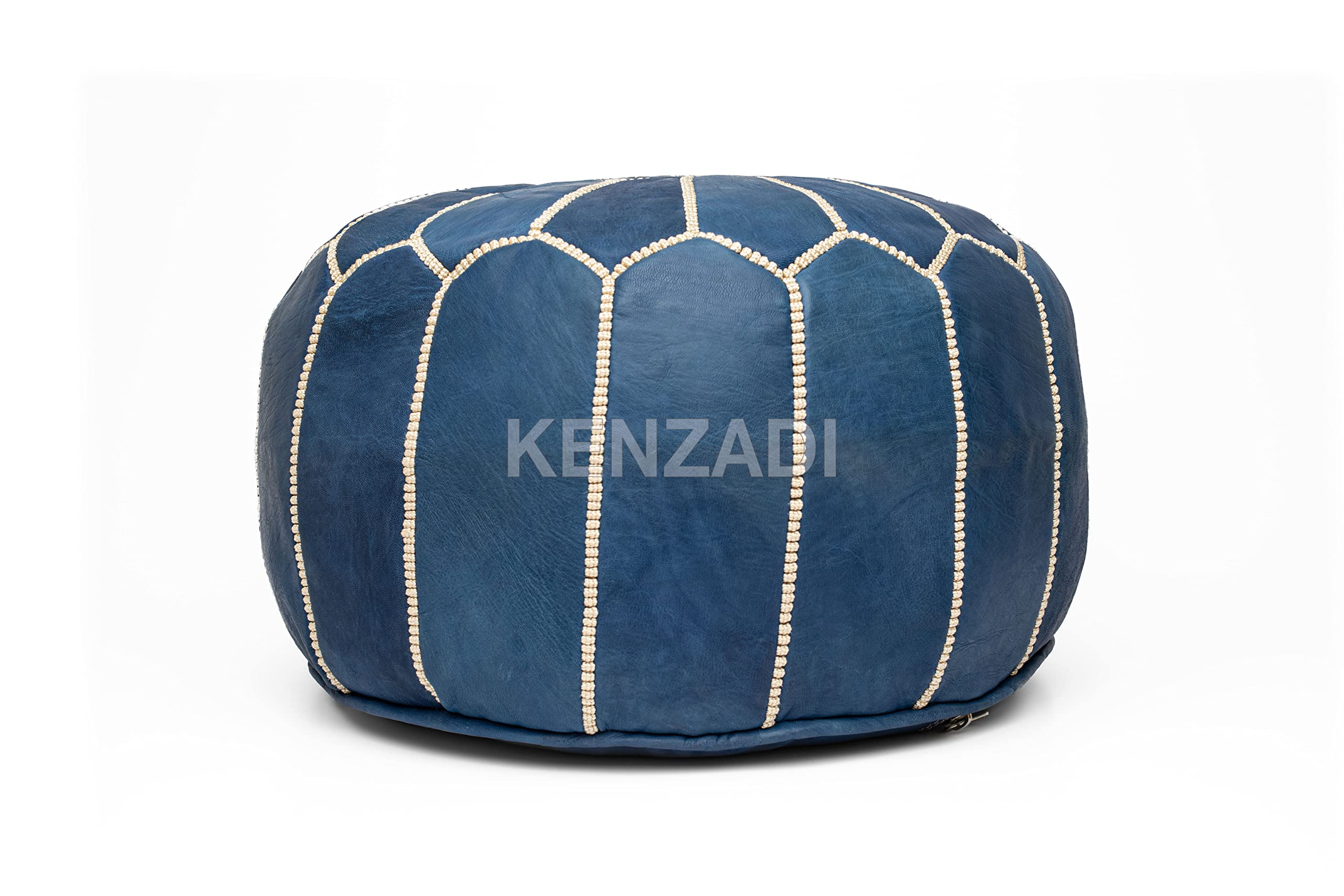 KENZADI Genuine Leather Ottoman Pouf Cover Hand Stitched in Marrakech by Moroccan Artisans, Footstool, UNSTUFFED (Blue Jean by White)