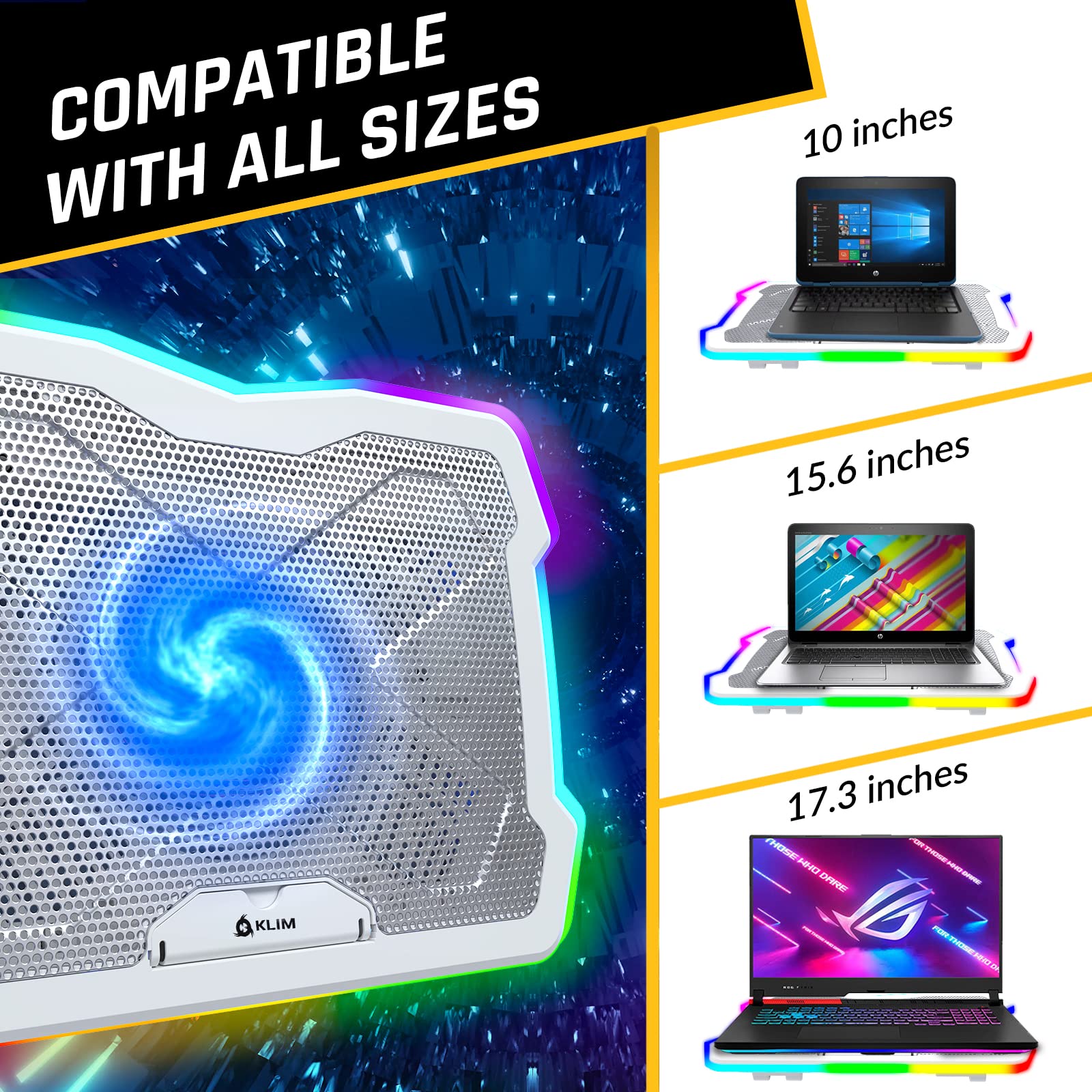 KLIM Ultimate + RGB Laptop Cooling Pad with LED Rim + New 2024 + Gaming Laptop Cooler + USB Powered Fan + Very Stable and Silent Laptop Stand + Compatible up to 17" + PC Mac PS5 PS4 Xbox One - White