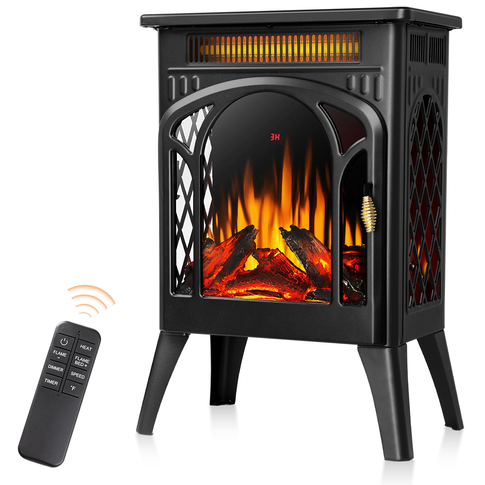 Crzoe Electric Fireplace Stove,1500W Infrared Electric Fireplace Heater with 3D Realistic Flame,Freestanding Fireplace Heater with Remote Control for Small Spaces