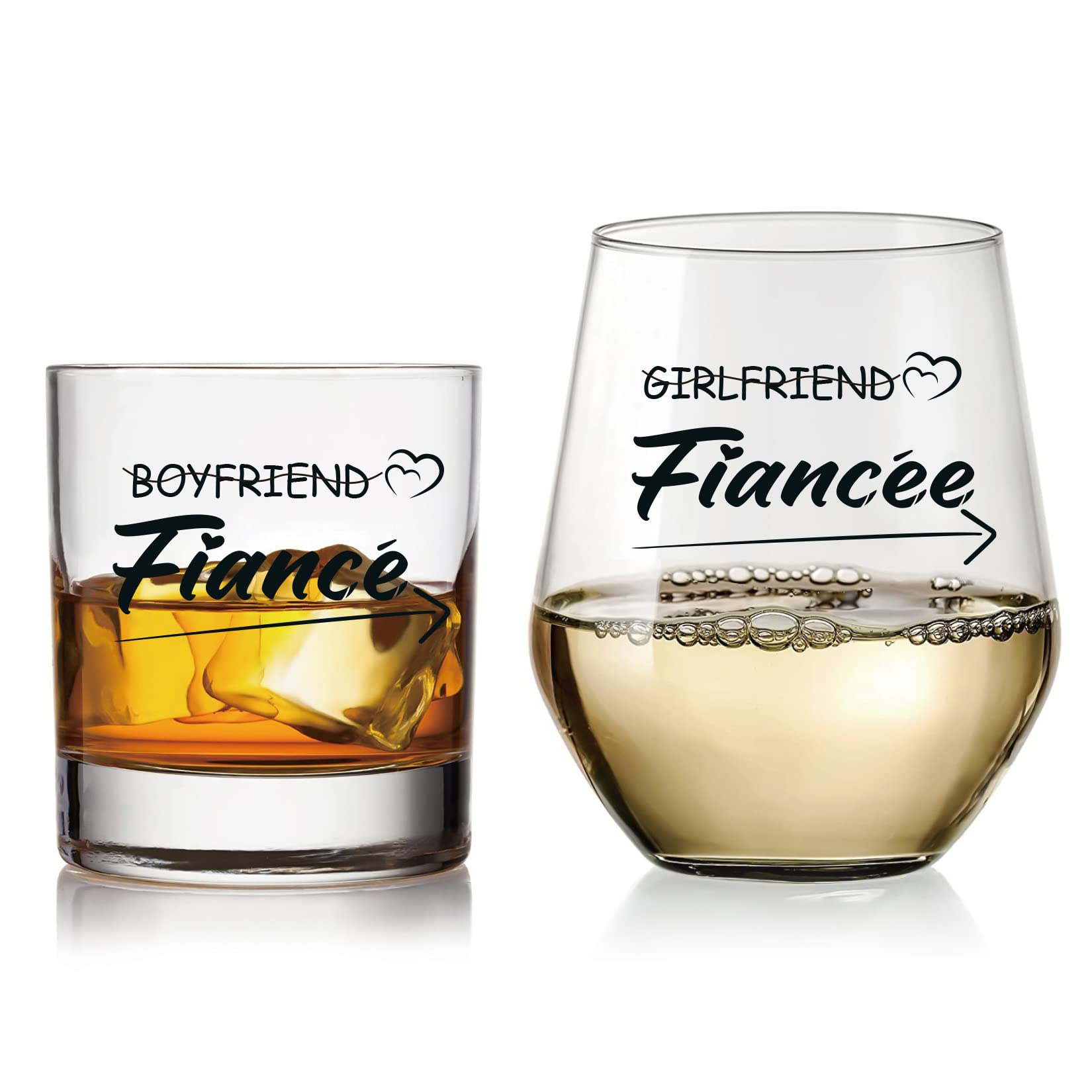 RorAem Whiskey Glasses and Wine Glasses Set - Engagement Gifts for Couples Boyfriend and Girlfriend Fiance Fiancee Gifts for Her and Him - Stemless Wine Glass For Mr and Mrs Bride Groom