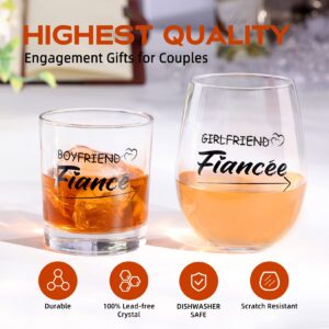 RorAem Whiskey Glasses and Wine Glasses Set - Engagement Gifts for Couples Boyfriend and Girlfriend Fiance Fiancee Gifts for Her and Him - Stemless Wine Glass For Mr and Mrs Bride Groom