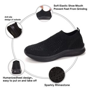 BELOS Women's Rhinestone Slip On Walking Shoes Breathable Mesh Knit Sock Shoes Fashion Comfortable Sparkly Sneaker(Black,10)