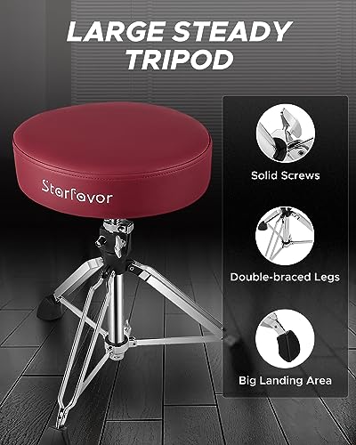 Starfavor Drum Throne Adjustable, Drum Stool Padded Drum Seat, Rotatable Drum Chair with Double Braced Anti-Slip Feet, Crimson Color, Red, ST-650 Stone