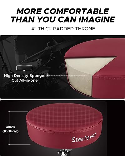 Starfavor Drum Throne Adjustable, Drum Stool Padded Drum Seat, Rotatable Drum Chair with Double Braced Anti-Slip Feet, Crimson Color, Red, ST-650 Stone