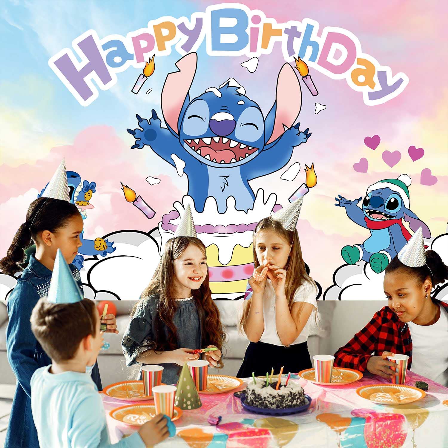 Stitc Birthday Decorations for Girls and Boys, Birthday Backdrop Party 60x40 Inch, Stylish Stitc Birthday Party Supplies Banner Background (Cute1, 3 * 5FT)