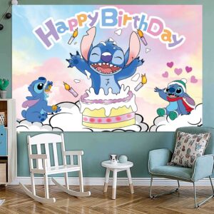 Stitc Birthday Decorations for Girls and Boys, Birthday Backdrop Party 60x40 Inch, Stylish Stitc Birthday Party Supplies Banner Background (Cute1, 3 * 5FT)