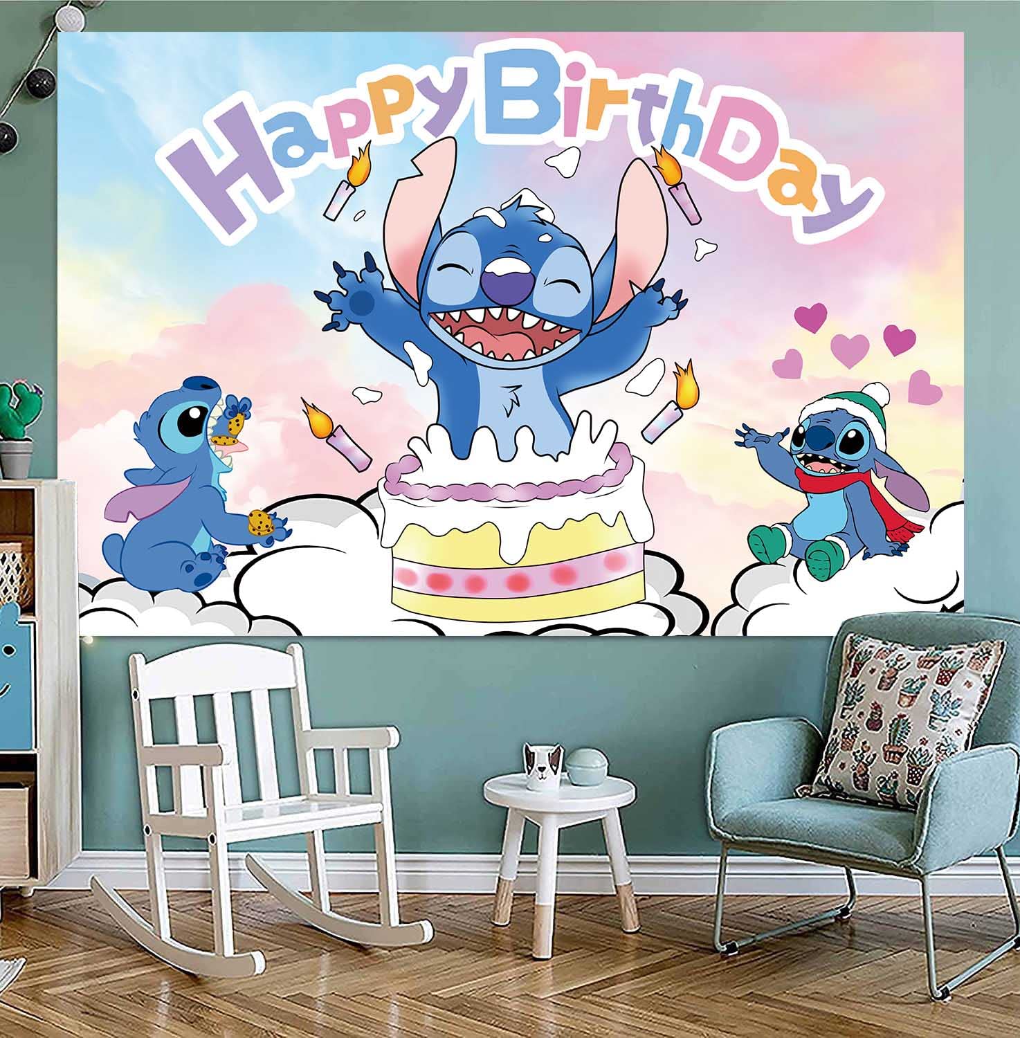 Stitc Birthday Decorations for Girls and Boys, Birthday Backdrop Party 60x40 Inch, Stylish Stitc Birthday Party Supplies Banner Background (Cute1, 3 * 5FT)