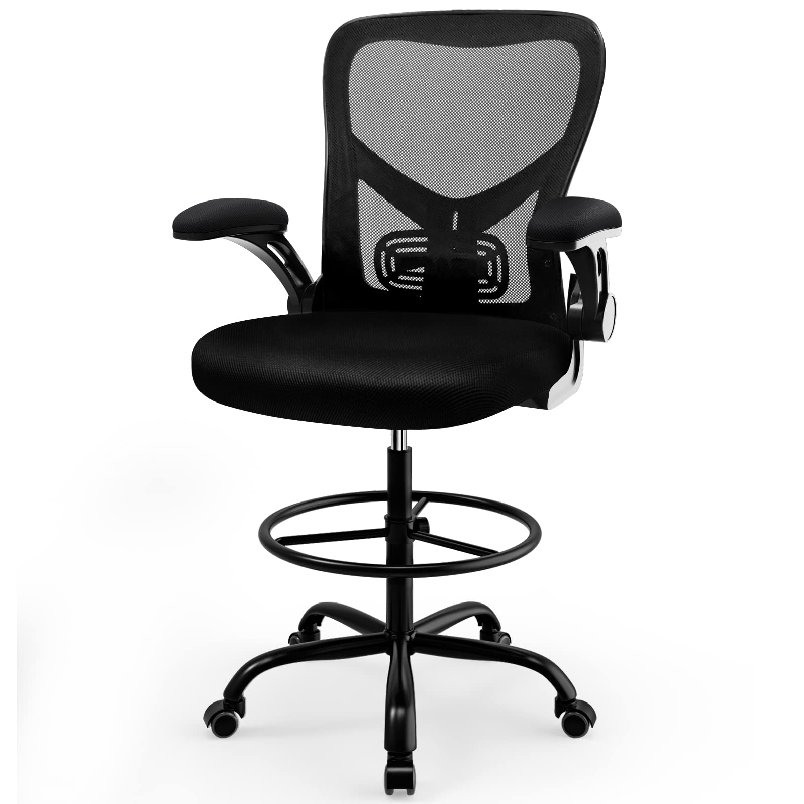 Drafting Chair,Tall Standing Desk Chair Comfortable Office Chair with Foot Ring Flip-up Padded Arms Height Adjustable Computer Task Chair Ergonomic Mesh Mid-Back Desk Chair,Black