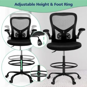 Drafting Chair,Tall Standing Desk Chair Comfortable Office Chair with Foot Ring Flip-up Padded Arms Height Adjustable Computer Task Chair Ergonomic Mesh Mid-Back Desk Chair,Black