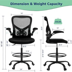 Drafting Chair,Tall Standing Desk Chair Comfortable Office Chair with Foot Ring Flip-up Padded Arms Height Adjustable Computer Task Chair Ergonomic Mesh Mid-Back Desk Chair,Black