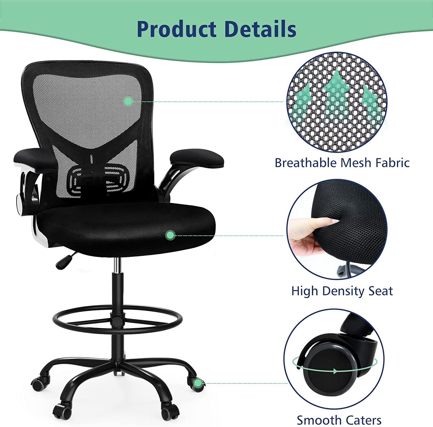 Drafting Chair,Tall Standing Desk Chair Comfortable Office Chair with Foot Ring Flip-up Padded Arms Height Adjustable Computer Task Chair Ergonomic Mesh Mid-Back Desk Chair,Black