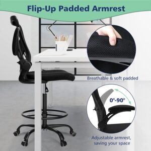 Drafting Chair,Tall Standing Desk Chair Comfortable Office Chair with Foot Ring Flip-up Padded Arms Height Adjustable Computer Task Chair Ergonomic Mesh Mid-Back Desk Chair,Black