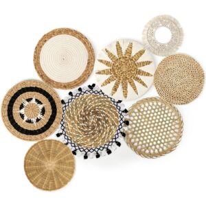 set of 8 wall basket decor boho wall hanging decor rattan wall decor flat round wicker woven macrame tassels tapestry bamboo wall basket serving tray art handmade set for room bedroom living room