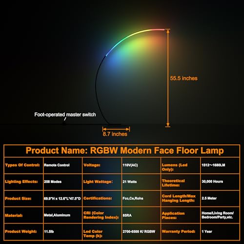 RGBW Modern 69.99 inch Arched Standing Reading Floor Lamp with Remote - Dimmable Black Led Color Changing Curved Ambient Lighting for Bedroom and Living Room