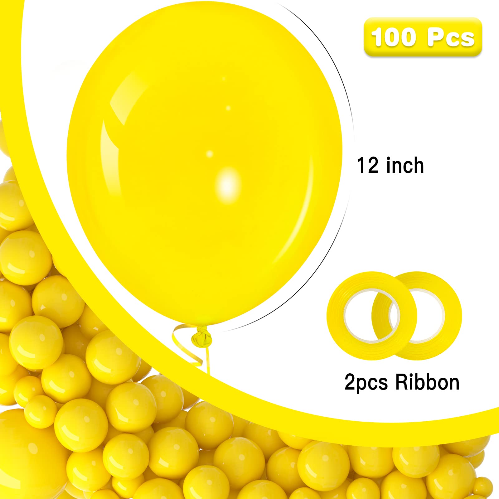 Garma Yellow Balloons 12 inch, 100PCS Yellow Latex Party Balloons for Balloons Arch as Birthday Party, Graduation, Wedding, Baby Shower, Halloween, Christmas Decorations(with Yellow Ribbon)