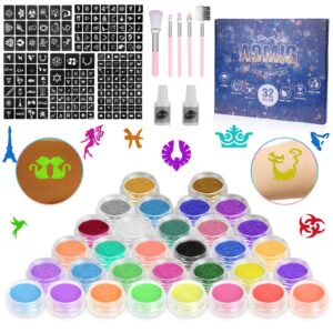 AOMIG Glitter Tattoo Kit, Kids Temporary Tattoo Set - 24 Colours Glitter, 8 Fluorescent Powder, 172 Stencils, Unique Body Nail Glitter Safe Body Make-up for Kids and Adults Birthday Party