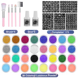 AOMIG Glitter Tattoo Kit, Kids Temporary Tattoo Set - 24 Colours Glitter, 8 Fluorescent Powder, 172 Stencils, Unique Body Nail Glitter Safe Body Make-up for Kids and Adults Birthday Party