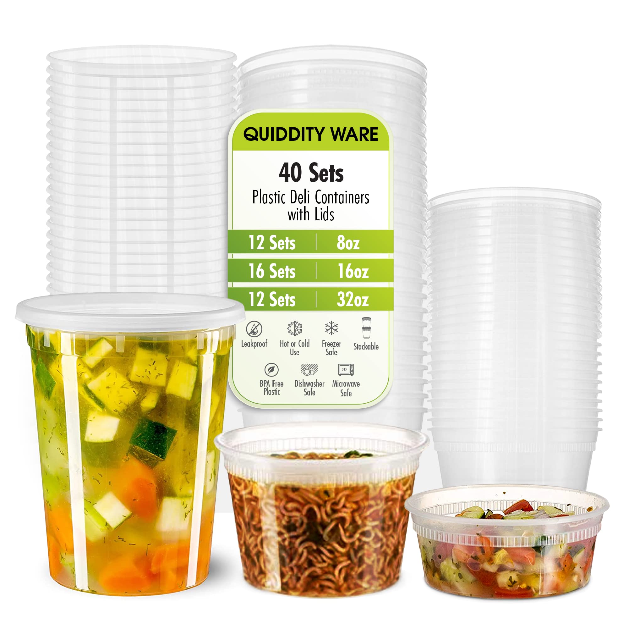 Deli Containers with Leakproof Lids-40 Sets [12sets-8oz, 16sets-16oz, 12sets-32oz] BPA-Free Plastic Microwaveable Clear Food Storage Container Premium Heavy-Duty, Freezer & Dishwasher Safe…