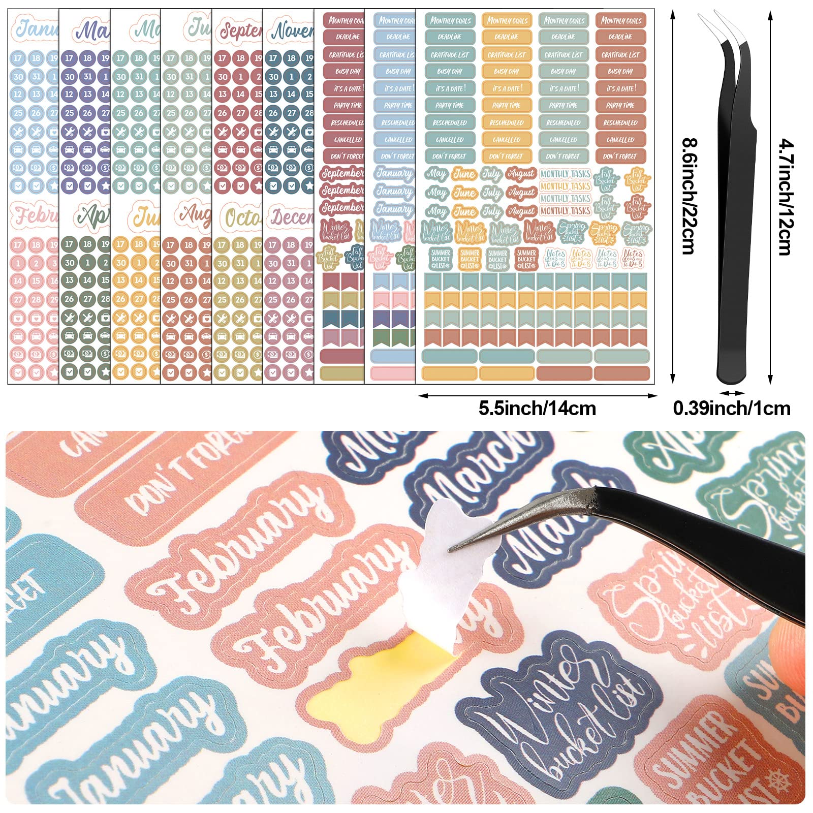 18 Sheets Daily Calendar Stickers Aesthetic Monthly Planner Stickers with Elbow Tweezer Colorful Round Date Stickers for Planners Number Date Dots for Work Daily to Do Budget Family Journal