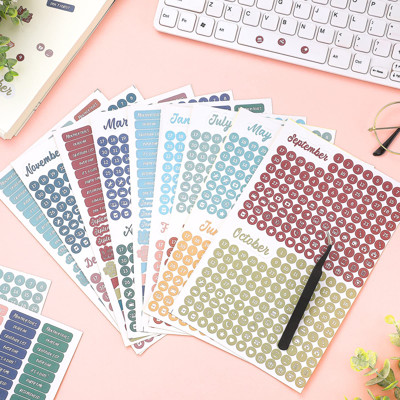 18 Sheets Daily Calendar Stickers Aesthetic Monthly Planner Stickers with Elbow Tweezer Colorful Round Date Stickers for Planners Number Date Dots for Work Daily to Do Budget Family Journal