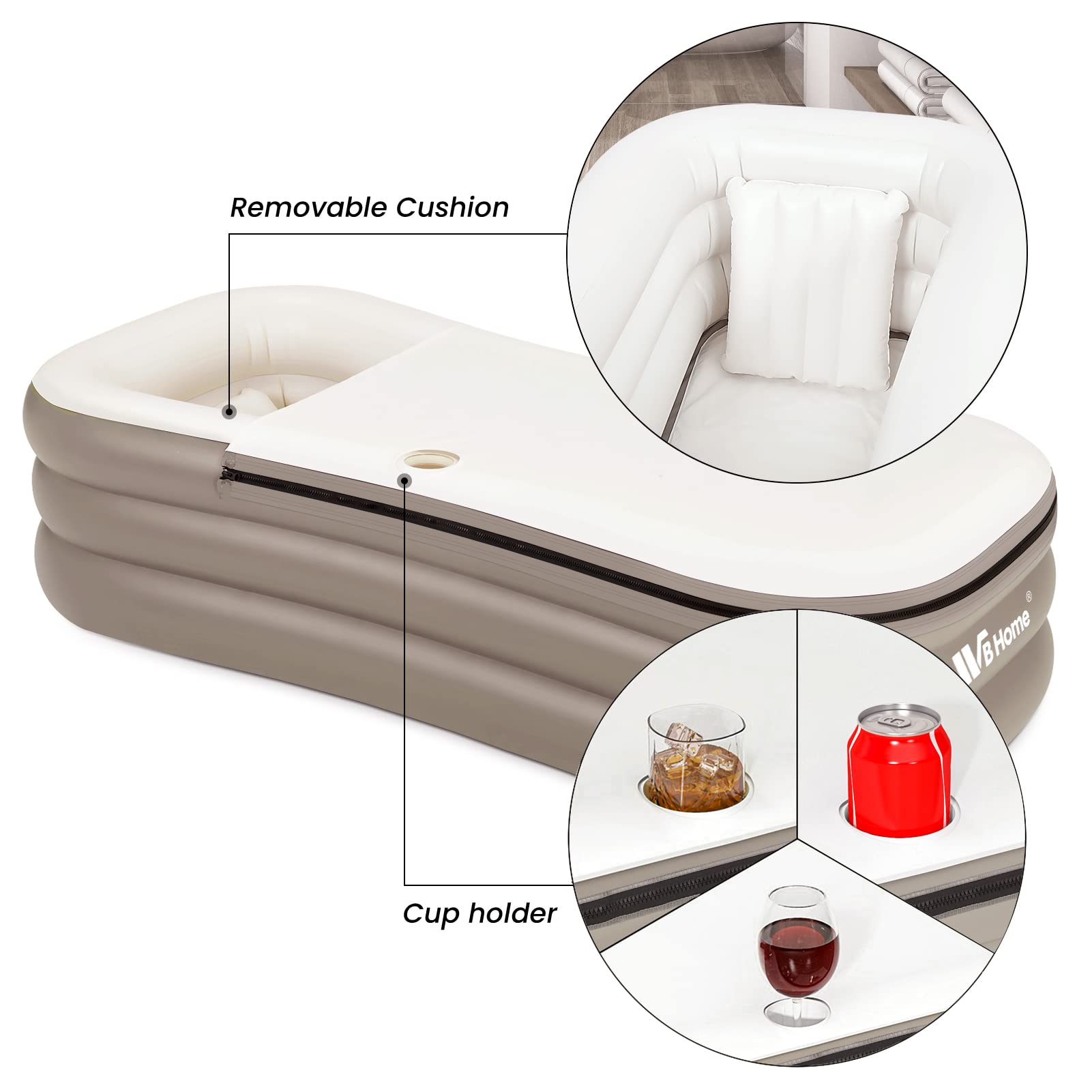 WBHome Inflatable Bath Tub PVC Portable Adult Bathtub Bathroom SPA with Electric Air Pump, Cup Holder, Phone Pocket, 118 inch Long Pipe