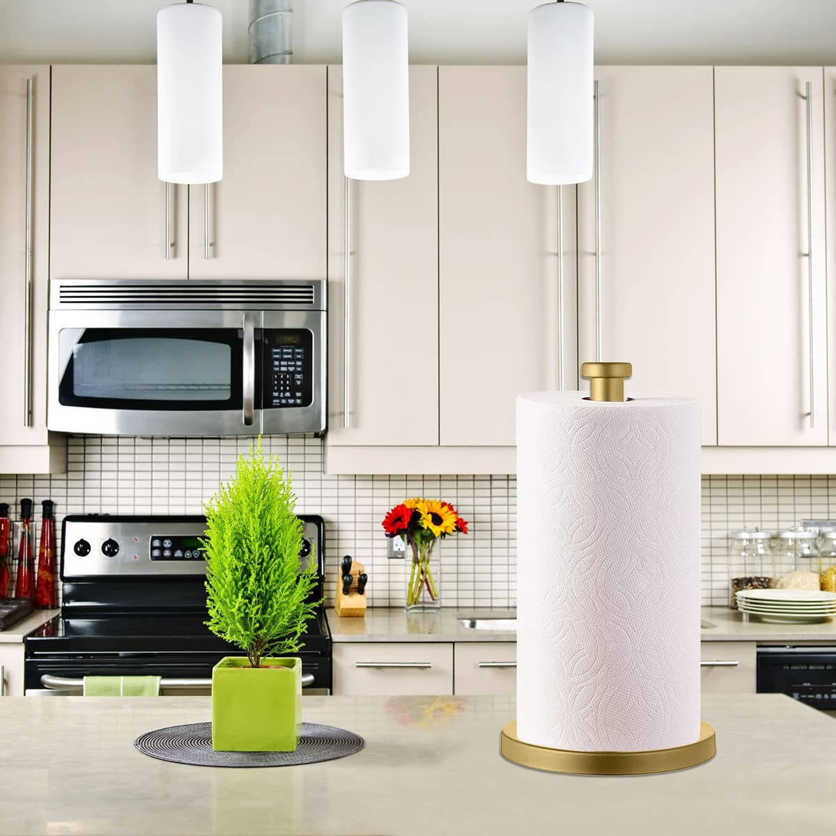 GWGTHZ Stainless Steel Paper Towel Holder, Gold Paper Towel Holder Countertop for Kitchen Bathroom, Standing Paper Towel Holder with Weighted Base for Standard or Rolls Brushed Brass, (Gold)…