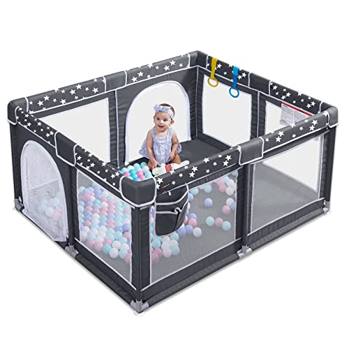 ANGELBLISS Baby Playpen, Large Baby Playard, Play Pens for Babies and Toddlers with Gate, Indoor & Outdoor Play Area for Infants, Kids Safety Play Yard with Star Print (Dark Grey, 50"×50")