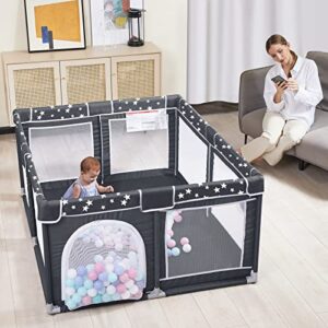 ANGELBLISS Baby Playpen, Large Baby Playard, Play Pens for Babies and Toddlers with Gate, Indoor & Outdoor Play Area for Infants, Kids Safety Play Yard with Star Print (Dark Grey, 50"×50")