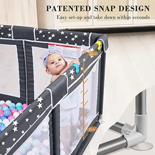 ANGELBLISS Baby Playpen, Large Baby Playard, Play Pens for Babies and Toddlers with Gate, Indoor & Outdoor Play Area for Infants, Kids Safety Play Yard with Star Print (Dark Grey, 50"×50")