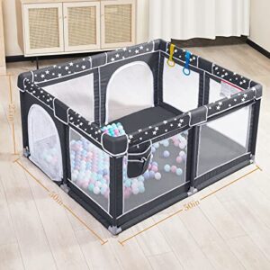 ANGELBLISS Baby Playpen, Large Baby Playard, Play Pens for Babies and Toddlers with Gate, Indoor & Outdoor Play Area for Infants, Kids Safety Play Yard with Star Print (Dark Grey, 50"×50")