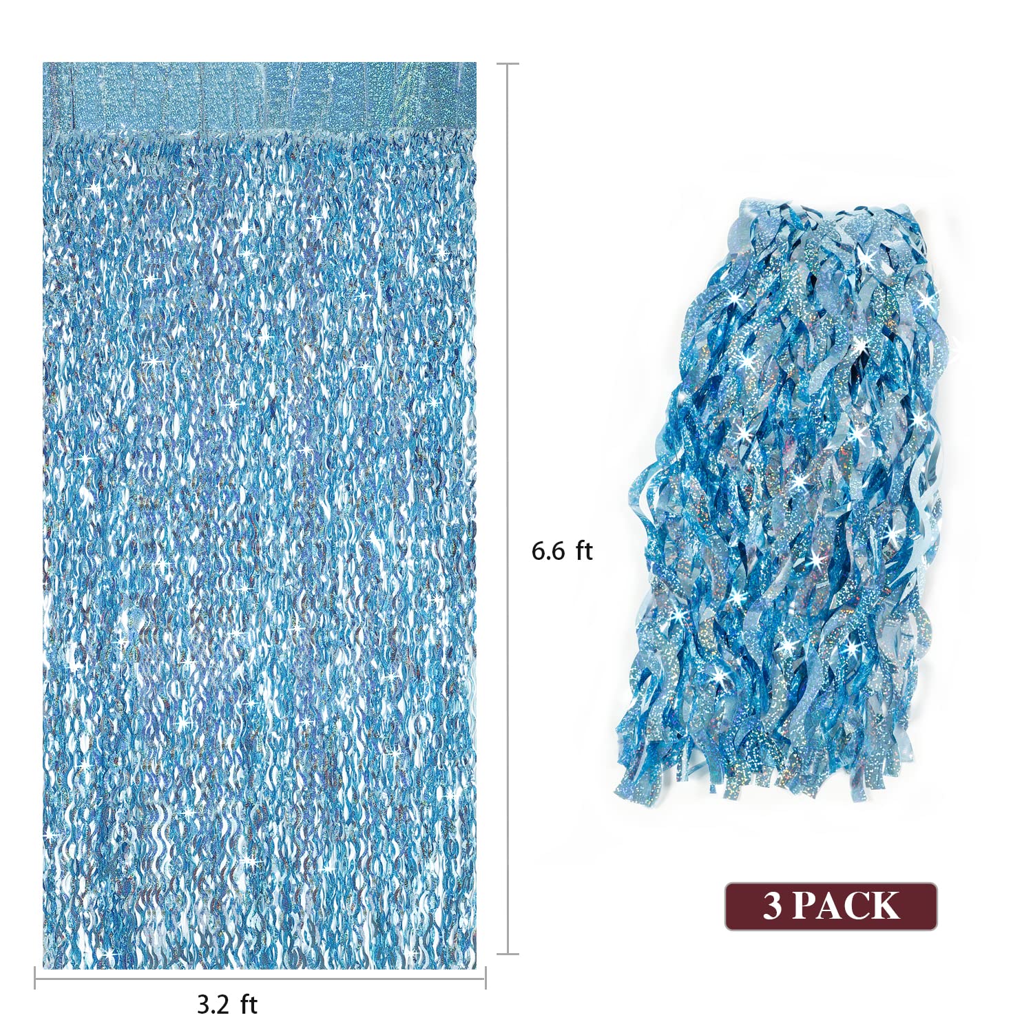 CYLMFC 3 Pack 3.3 ft x 6.6 ft Tinsel Foil Fringe Curtain Blue - Foil Fringe Backdrop Wall Curtains for Baby Shower,Mermaid,Under The Sea,Ocean,Frozen Party Decorations