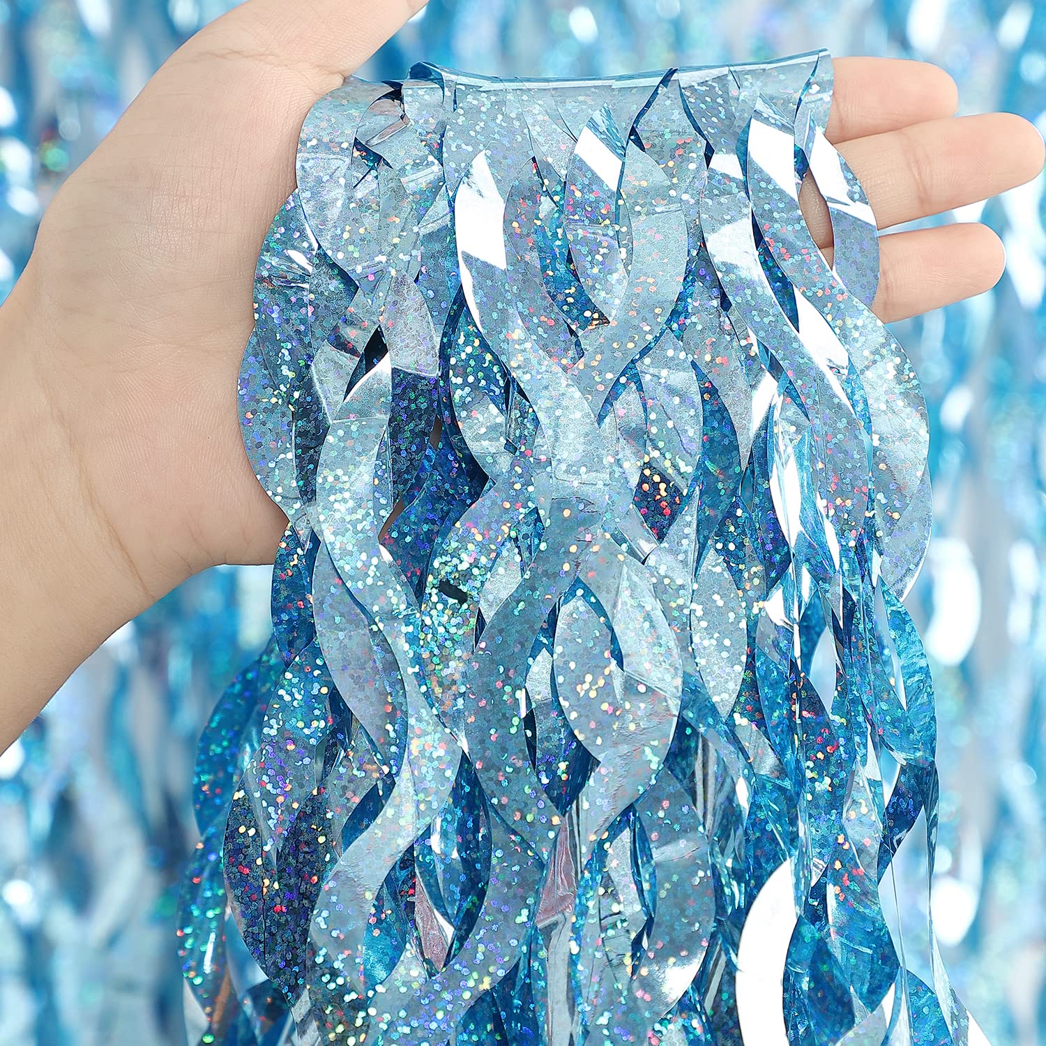 CYLMFC 3 Pack 3.3 ft x 6.6 ft Tinsel Foil Fringe Curtain Blue - Foil Fringe Backdrop Wall Curtains for Baby Shower,Mermaid,Under The Sea,Ocean,Frozen Party Decorations