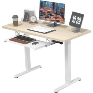 joy worker height adjustable electric standing desk with keyboard tray, 48x24 inches sit stand up desk with 3-stage memory preset, spilce board workstation table for home office, natural+white