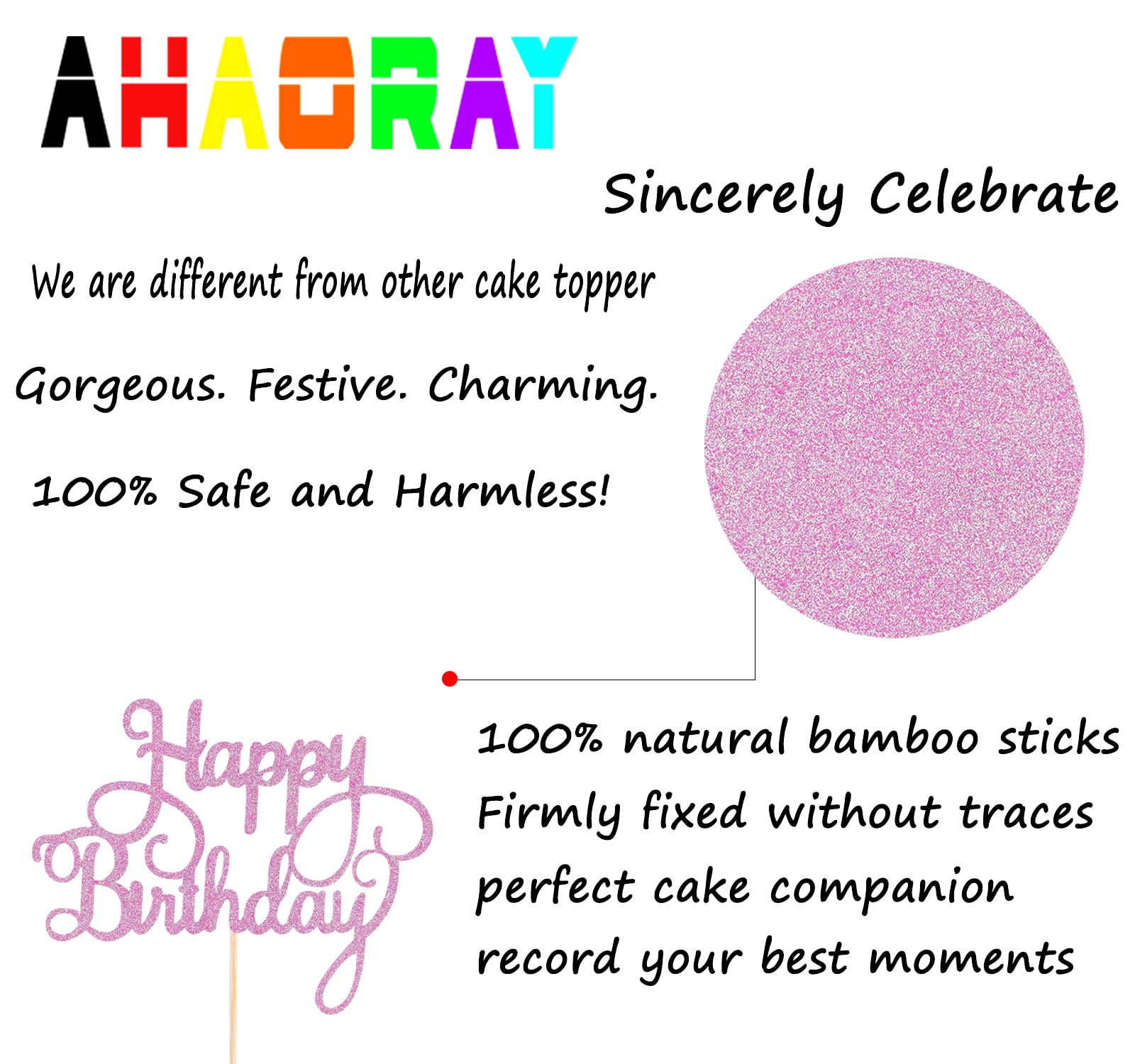 AHAORAY Happy Birthday Cake Topper - Pink Glitter Happy Birthday Cake Bunting Decor - Birthday Party Cake Decoration Supplies, for Photo Booth Props