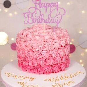 AHAORAY Happy Birthday Cake Topper - Pink Glitter Happy Birthday Cake Bunting Decor - Birthday Party Cake Decoration Supplies, for Photo Booth Props