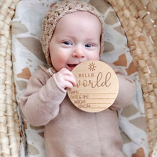 Baby Announcement Sign | Birth Announcement Sign | Hello World Newborn Sign | Perfect Photo Prop - Hospital & Home | Keepsake Baby Name Sign | 1-Piece Set | Wooden Material