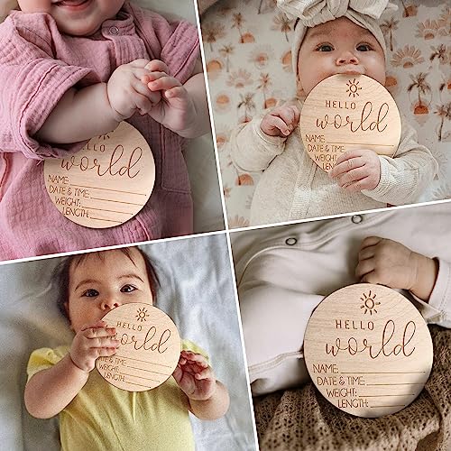 Baby Announcement Sign | Birth Announcement Sign | Hello World Newborn Sign | Perfect Photo Prop - Hospital & Home | Keepsake Baby Name Sign | 1-Piece Set | Wooden Material