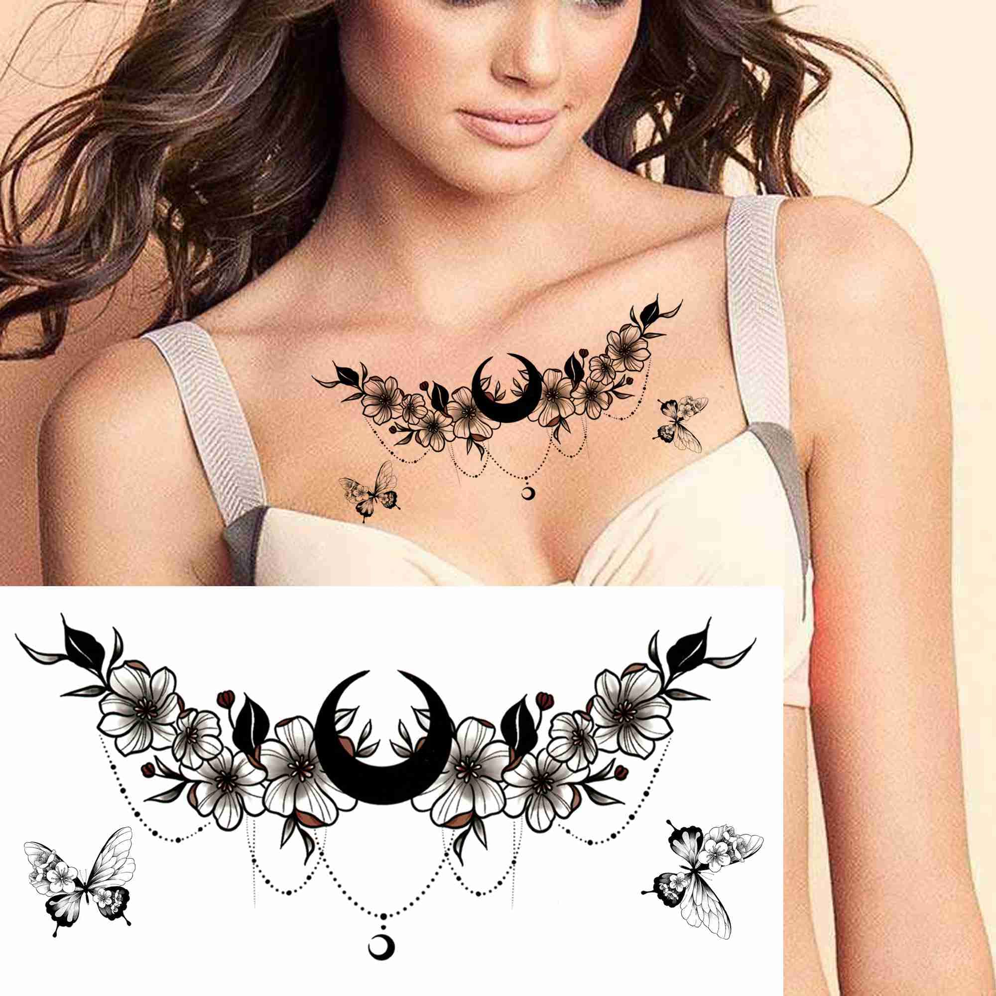 Quichic 66+ Pieces Underboob Tattoo Chest Tattoo for Women Temporary Tattoo Sternum Tattoos Temporary Realistic Girls Includes 10 Large Fake Tattoos Long Lasting Waist Flower Temp Tattoos Party Favors